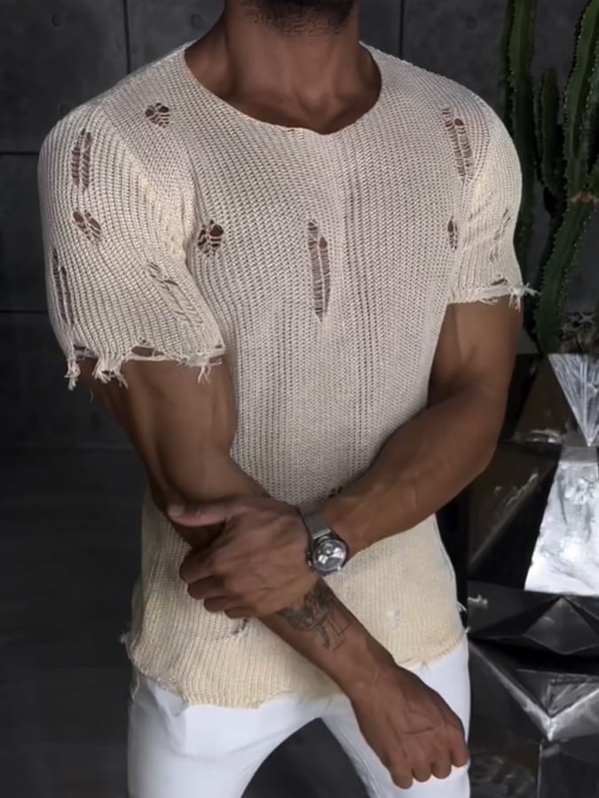 Men'S Fashion Ripped Knit Sweater T-Shirt