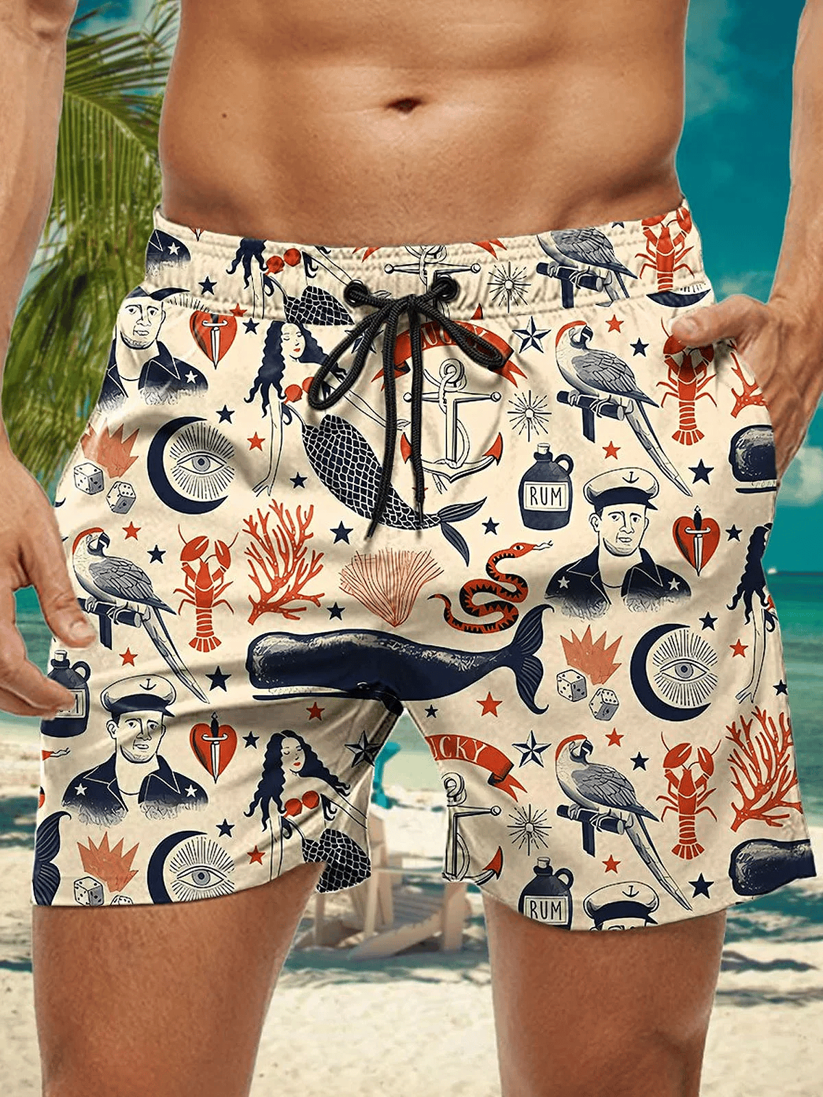 Nautical Sailor Print Men's Beach Trunks Swim Trunks