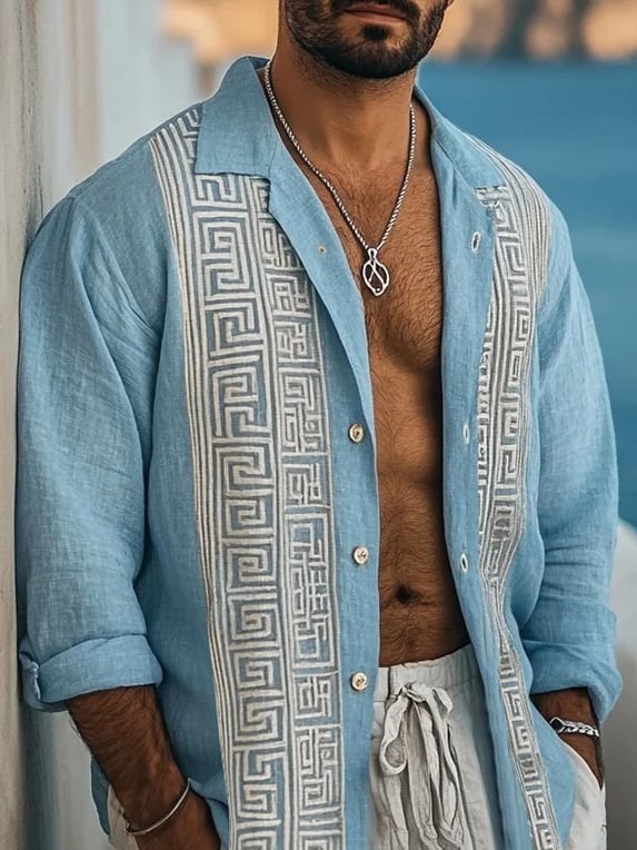 Men's Vintage Greca Pattern Linen V-Neck Shirt